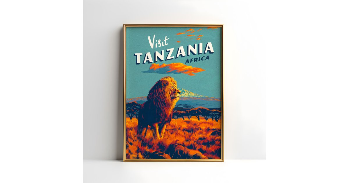 Tanzania Africa Vintage Travel Print Poster Lion | Zazzle