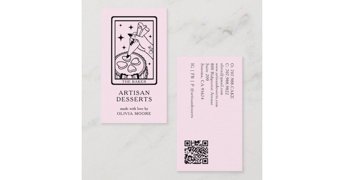 Tarot Artisan Baker Dessert Caterer QR Code Pink Business Card | Zazzle