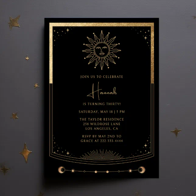 Tarot Card Black Gold Mystical Birthday Invitation | Zazzle