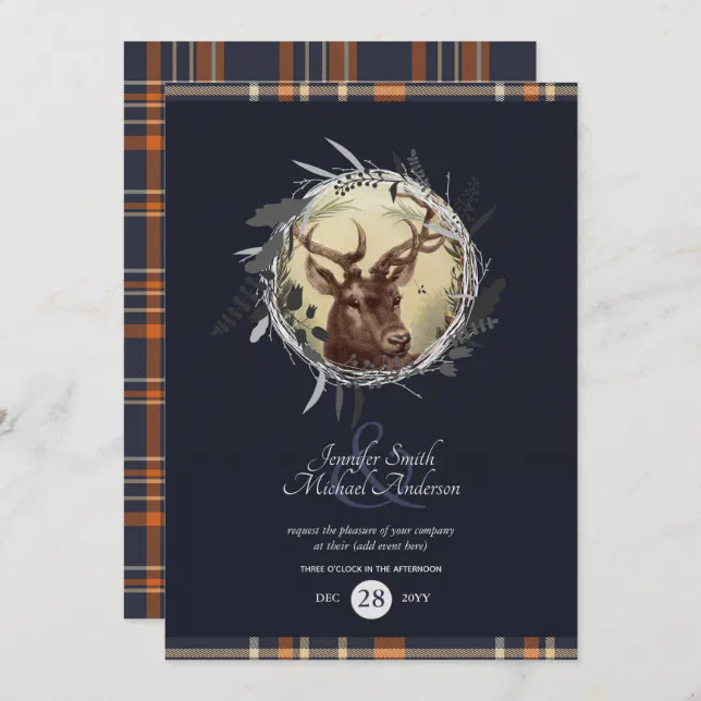 Tartan Blue Rustic Stag Orange ANY COUPLES EVENT Invitation | Zazzle