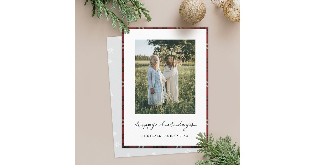 Tartan Border Snowflakes Christmas Card | Zazzle