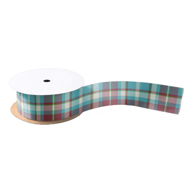 Tartan Pattern Turquoise and Red ID210 Satin Ribbon | Zazzle