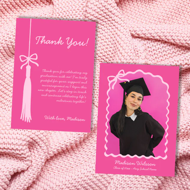 Tassel & Bow Pink Grad Photo 2025 Graduation Thank You Card | Zazzle