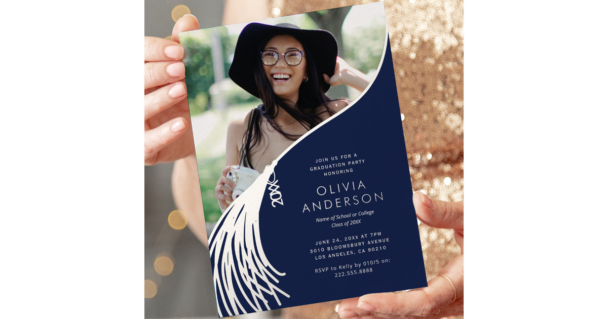 Tassel Photo Navy Silver Graduation Party Foil Invitation | Zazzle