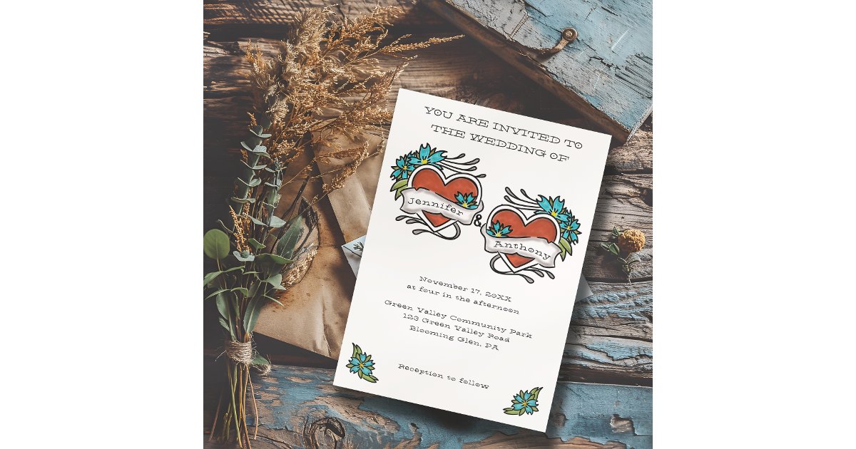 Tattoed Hearts Tattoo Graphic Wedding Invitation | Zazzle