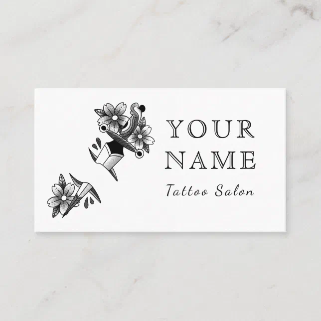 Tattoo Artist Salon Floral Sword Black White Plain Business Card | Zazzle