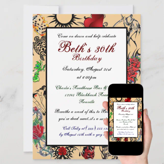 Tattoo Custom Birthday Party Invitations | Zazzle