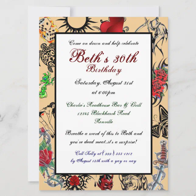 Tattoo Custom Birthday Party Invitations | Zazzle