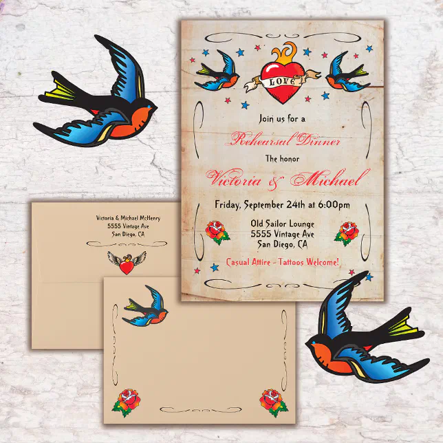 Tattoo flaming heart birds rehearsal dinner invitation | Zazzle