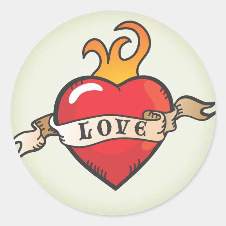 Tattoo Flaming Love Heart Sticker | Zazzle