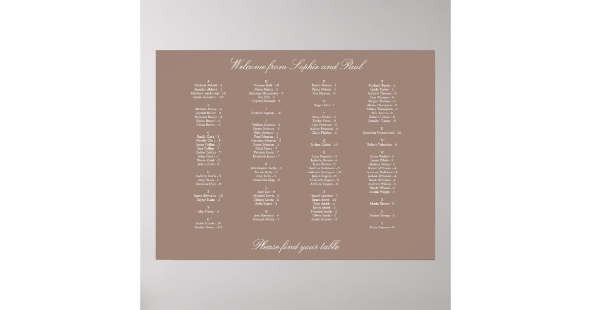 Taupe Alphabetical Seating Chart Poster | Zazzle