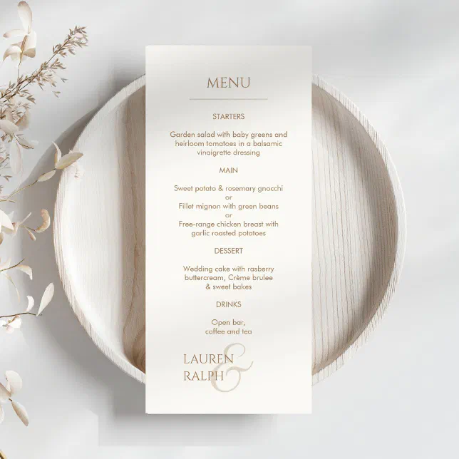 Taupe and Ivory Monogrammed Wedding Menu | Zazzle