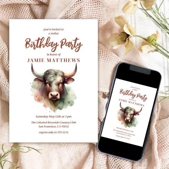 Taurus Bull Zodiac Sign Themed Birthday Party Invitation | Zazzle