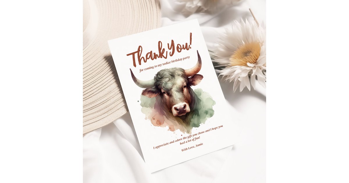 Taurus Watercolor Ram Zodiac Themed Birthday Party Thank You Card | Zazzle