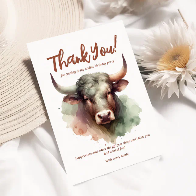 Taurus Watercolor Ram Zodiac Themed Birthday Party Thank You Card | Zazzle