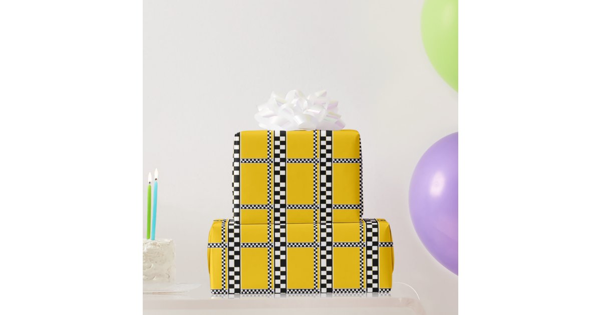 Taxi cab driver checkerboard pattern wrapping paper | Zazzle