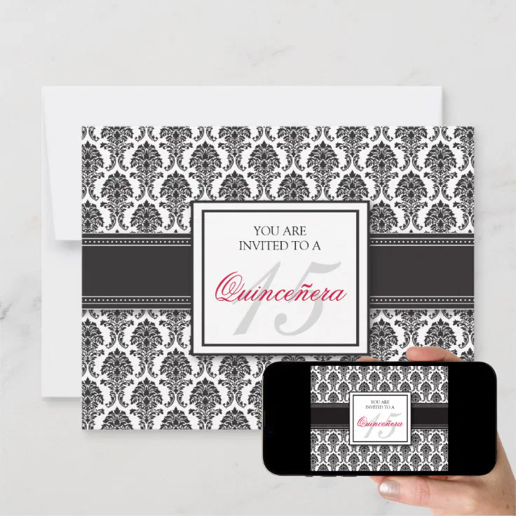 {TBA} ENGLISH Black Damask Quinceanera Invitation | Zazzle
