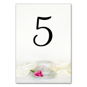 Tea Cup and Pink Roses Wedding Table Number | Zazzle
