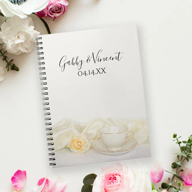 Tea Cup and White Rose Wedding Guest Book | Zazzle