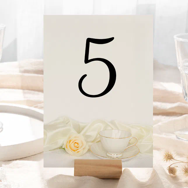 Tea Cup and White Rose Wedding Table Number | Zazzle