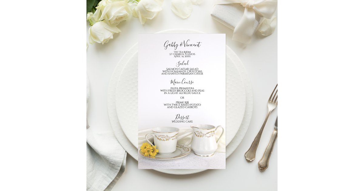 Tea Cup and Yellow Daisies Wedding Menu | Zazzle