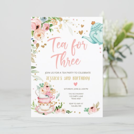 Tea for Three Birthday Invitation Floral Tea Party | Zazzle