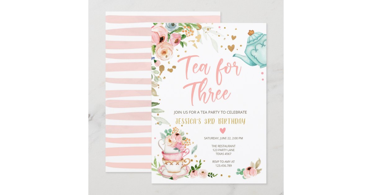 Tea for Three Birthday Invitation Floral Tea Party | Zazzle