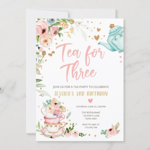 Tea for Three Birthday Invitation Floral Tea Party | Zazzle