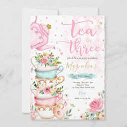Tea For Three Birthday Party Pink Floral Tea Party Invitation | Zazzle