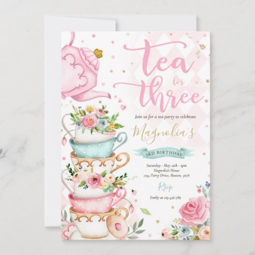 Tea For Three Birthday Party Pink Floral Tea Party Invitation | Zazzle