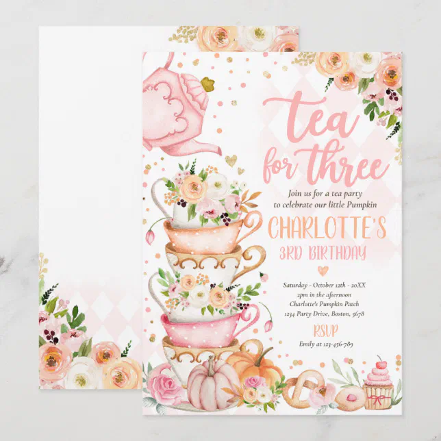 Tea For Three Birthday Party Pumpkin Autumn Floral Invitation | Zazzle