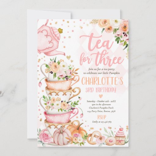 Tea For Three Birthday Party Pumpkin Autumn Floral Invitation | Zazzle