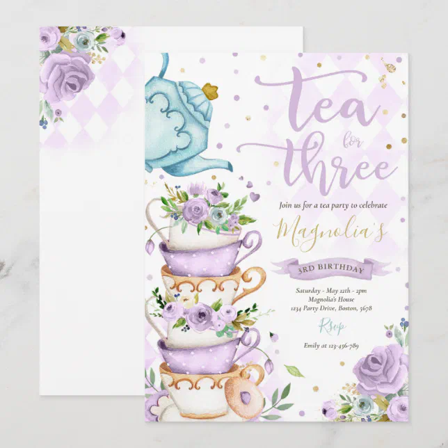 Tea For Three Birthday Purple Floral Tea Party Invitation | Zazzle