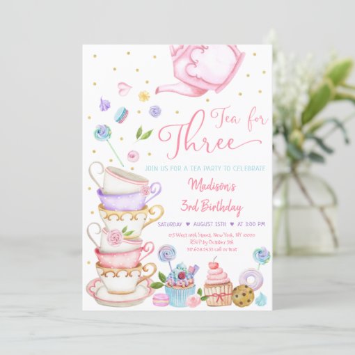 Tea For Three Pink Floral Tea Party Birthday Invitation | Zazzle