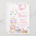 Tea For Three Pink Tea Party Birthday Invitation | Zazzle