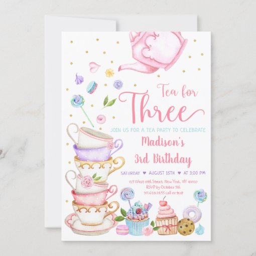 Tea For Three Pink Tea Party Birthday Invitation | Zazzle