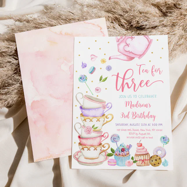 Tea for Three Pink Tea Party Birthday Invitation | Zazzle