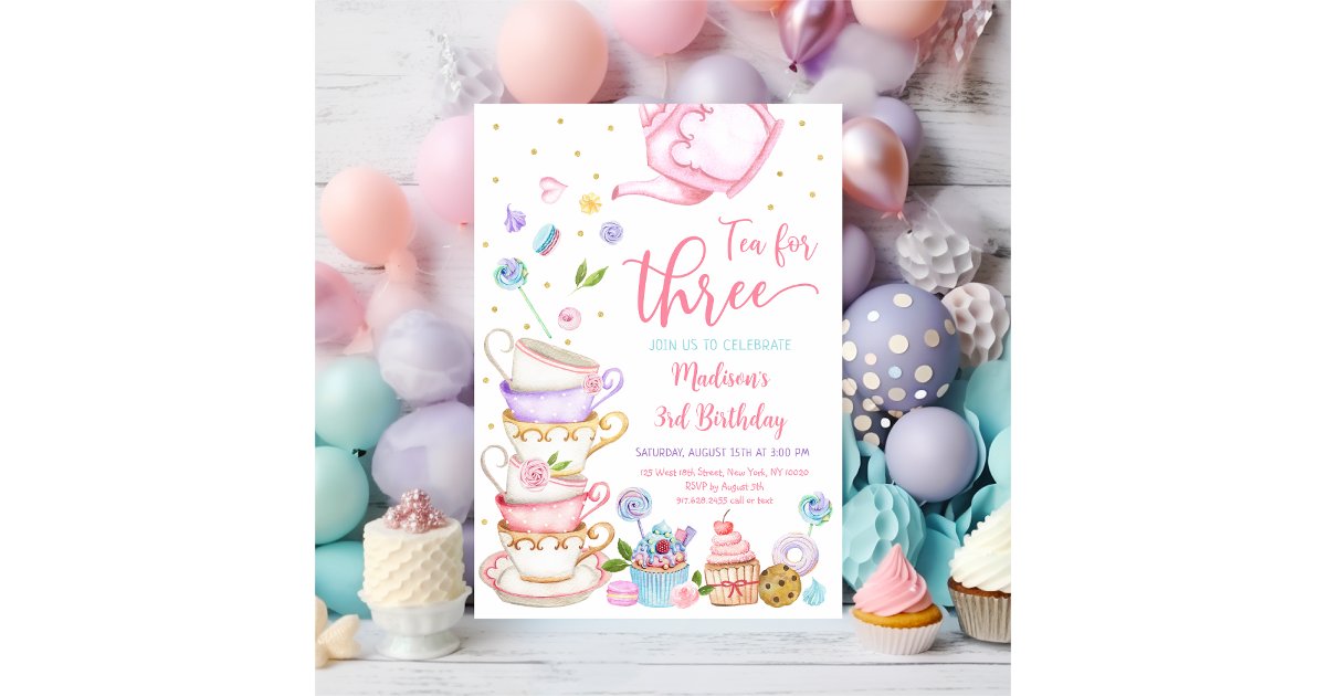 Tea for Three Pink Tea Party Birthday Invitation | Zazzle