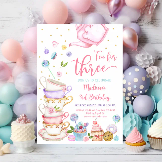 Tea for Three Pink Tea Party Birthday Invitation | Zazzle