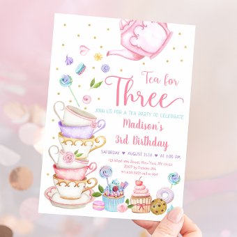 Tea For Three Pink Tea Party Birthday Invitation | Zazzle