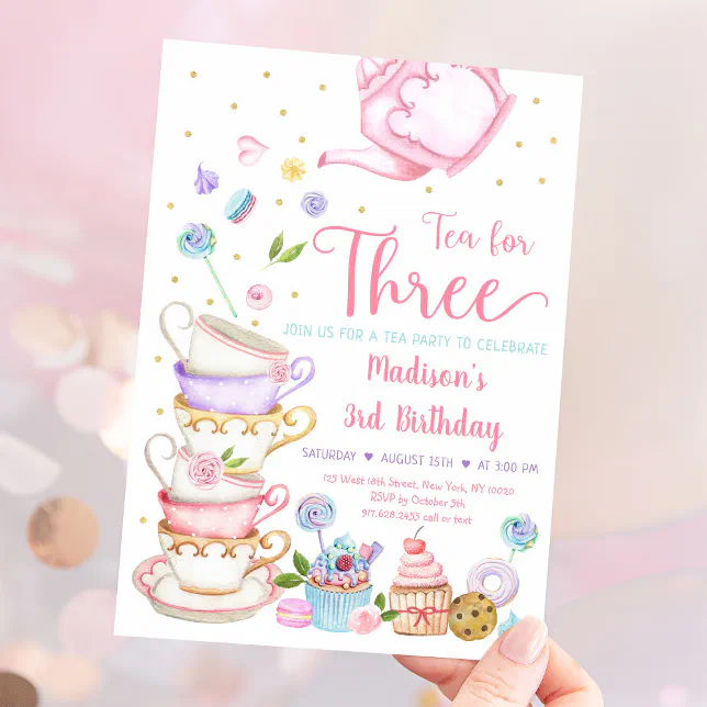 Tea For Three Pink Tea Party Birthday Invitation | Zazzle