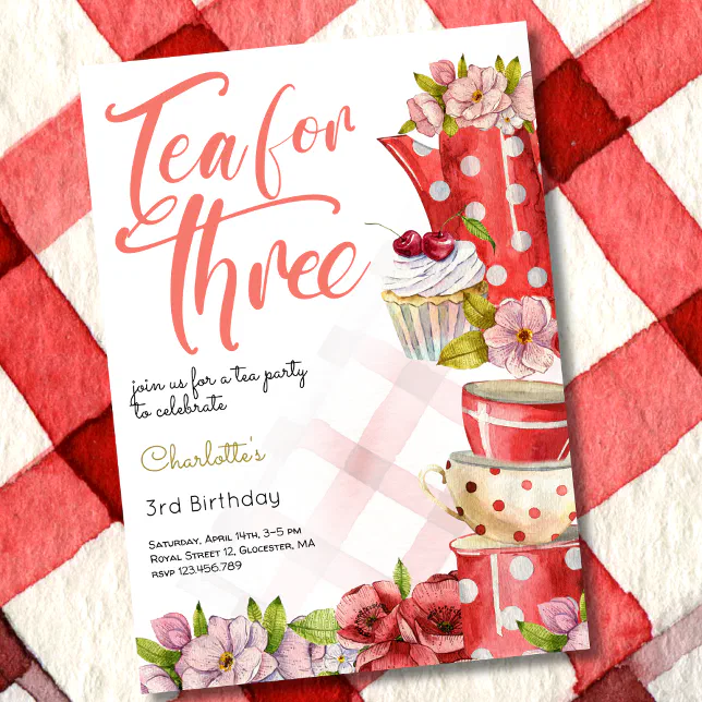 Tea for three, tea flowery third birthday invitation | Zazzle