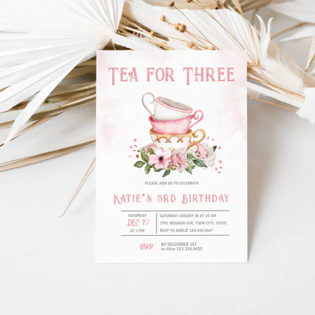 Tea For Three Teacups Theme Birthday Invitation | Zazzle