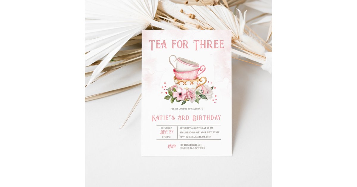 Tea For Three Teacups Theme Birthday Invitation | Zazzle