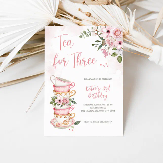 Tea For Three Teacups Theme Birthday Invitation | Zazzle