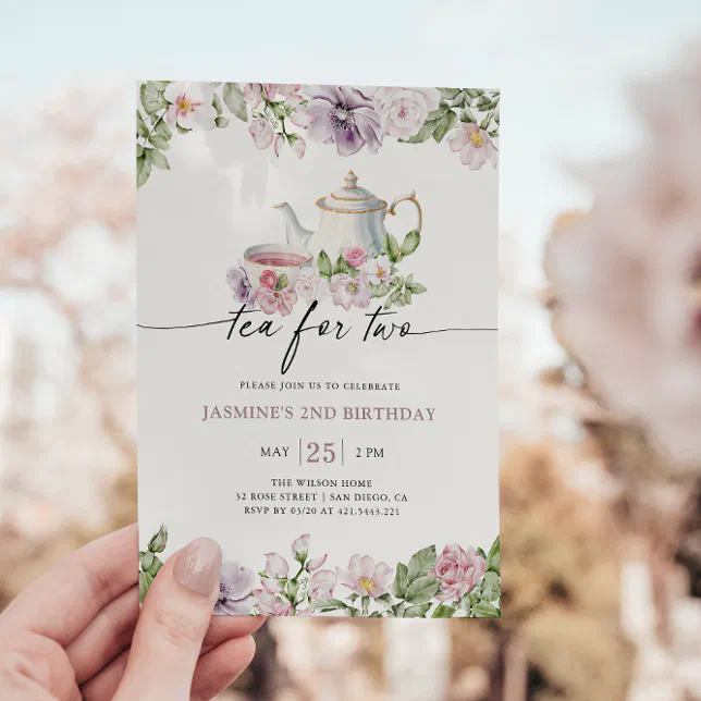 Tea For Two 2nd Birthday Floral Invitation | Zazzle
