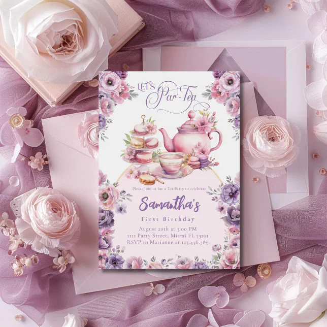 Tea Party Birthday Girl Pink Purple Floral Par-tea Invitation | Zazzle