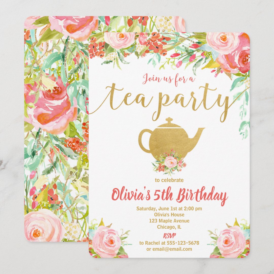 Tea party birthday invitation girl floral gold | Zazzle