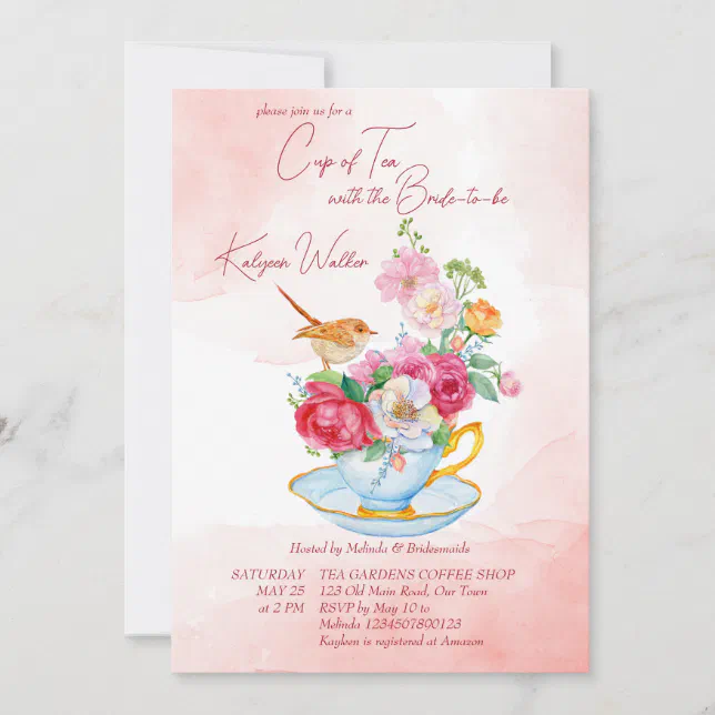 Tea party bridal shower tea cup with flowers pink invitation | Zazzle
