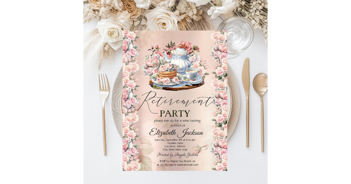 Tea Party Chic Roses Vintage Retirement Party Invitation | Zazzle